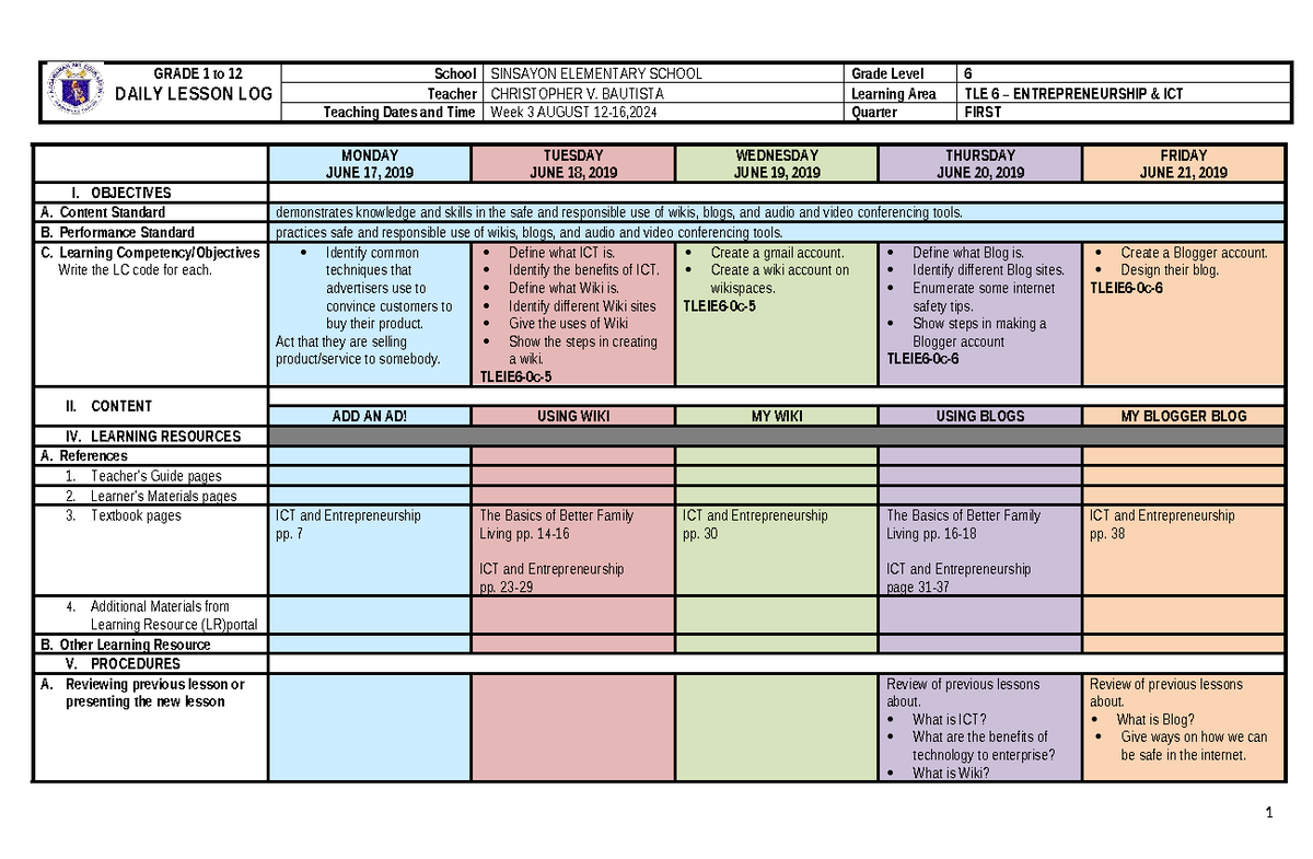 DLL TLE-ICT WEEK 3 - ICT - GRADE 1 to 12 DAILY LESSON LOG School SINSAYON ELEMENTARY SCHOOL ...