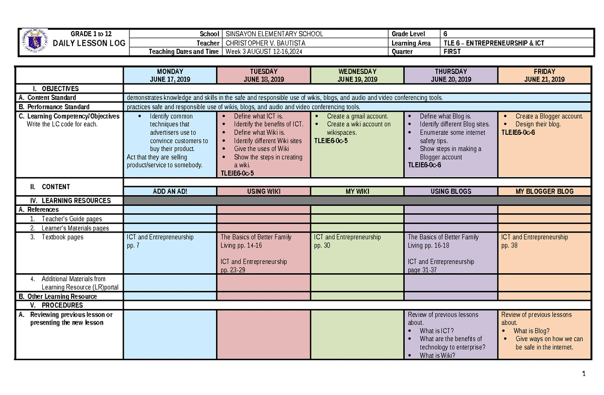 DLL TLE-ICT WEEK 2 - DAILY LESSON PLAN FOR ICT 6 - GRADE 1 to 12 DAILY ... DLL TLE-ICT WEEK 2 - DAILY LESSON PLAN FOR ICT 6 - GRADE 1 to 12 DAILY ...