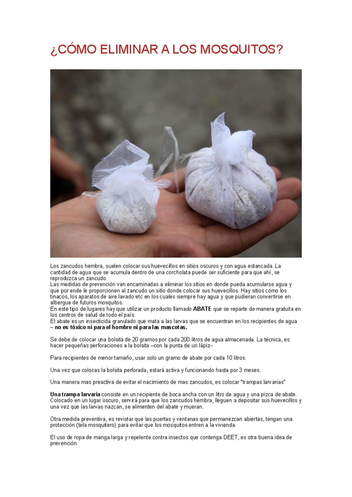 Prevención de Mosquitos: Uso de ABATE y Trampas Larvarias - Studocu