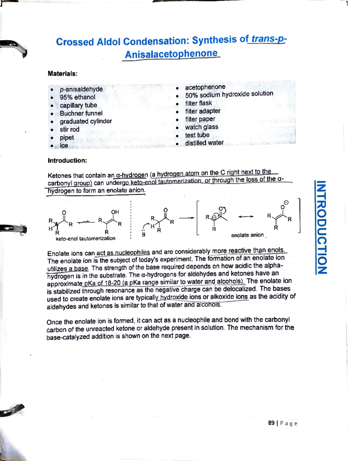 Crossed Aldol Condensation of p-Anisaldehyde and Acetophenone - Post ...