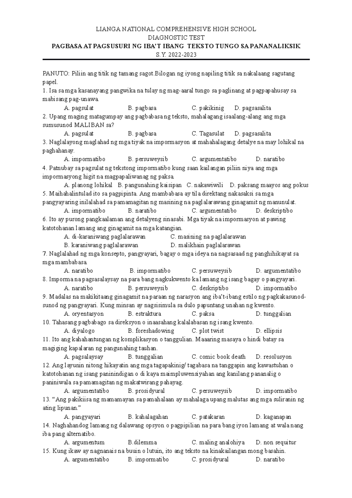 Pagbasa Diagnostic Test: Kahalagahan ng Teksto at Pagsusuri - Studocu