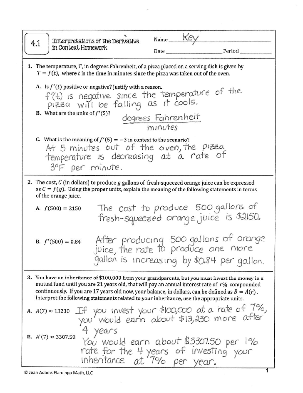 4.1 Derivative Interpretations Homework Answer Key (Math 101) - Studocu
