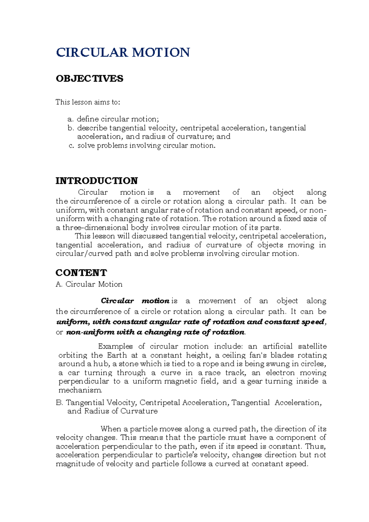 Lesson 7 Circular Motion Concepts WITH Examples - CIRCULAR MOTION ...