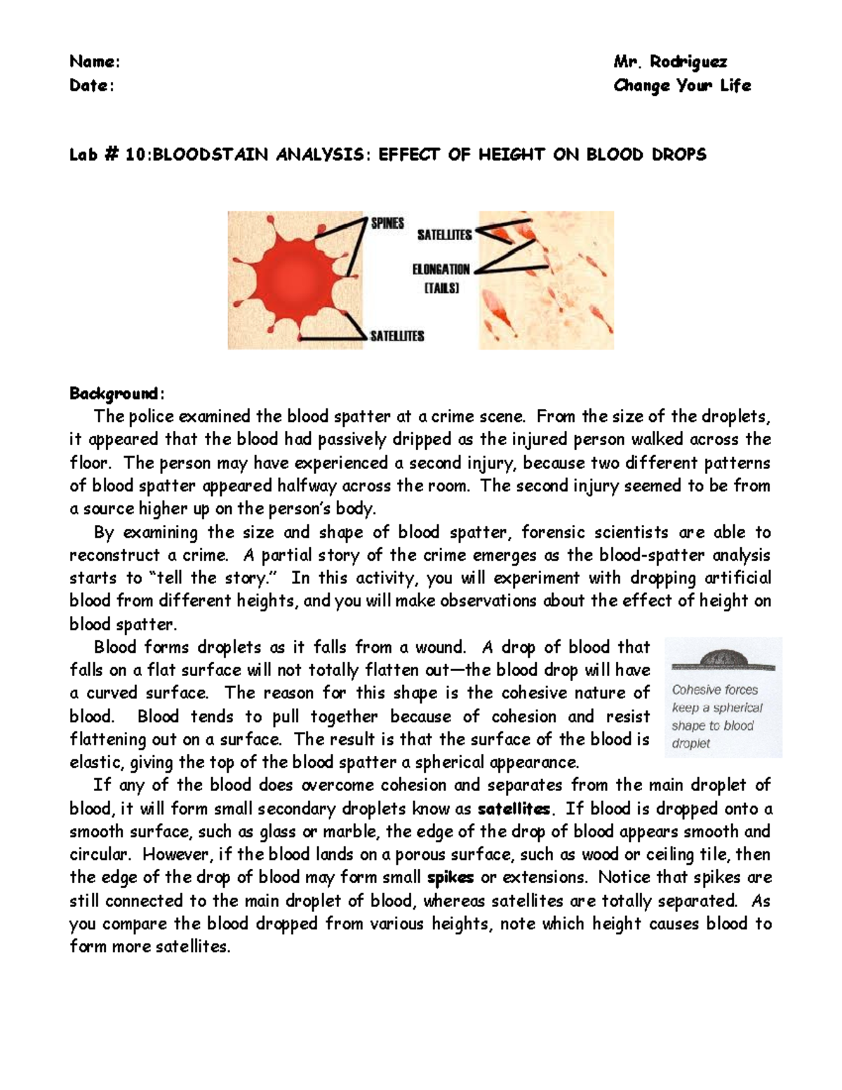 Lab #10 Bloodstain Pattern Analysis: Height Effect on Blood Spatter ...