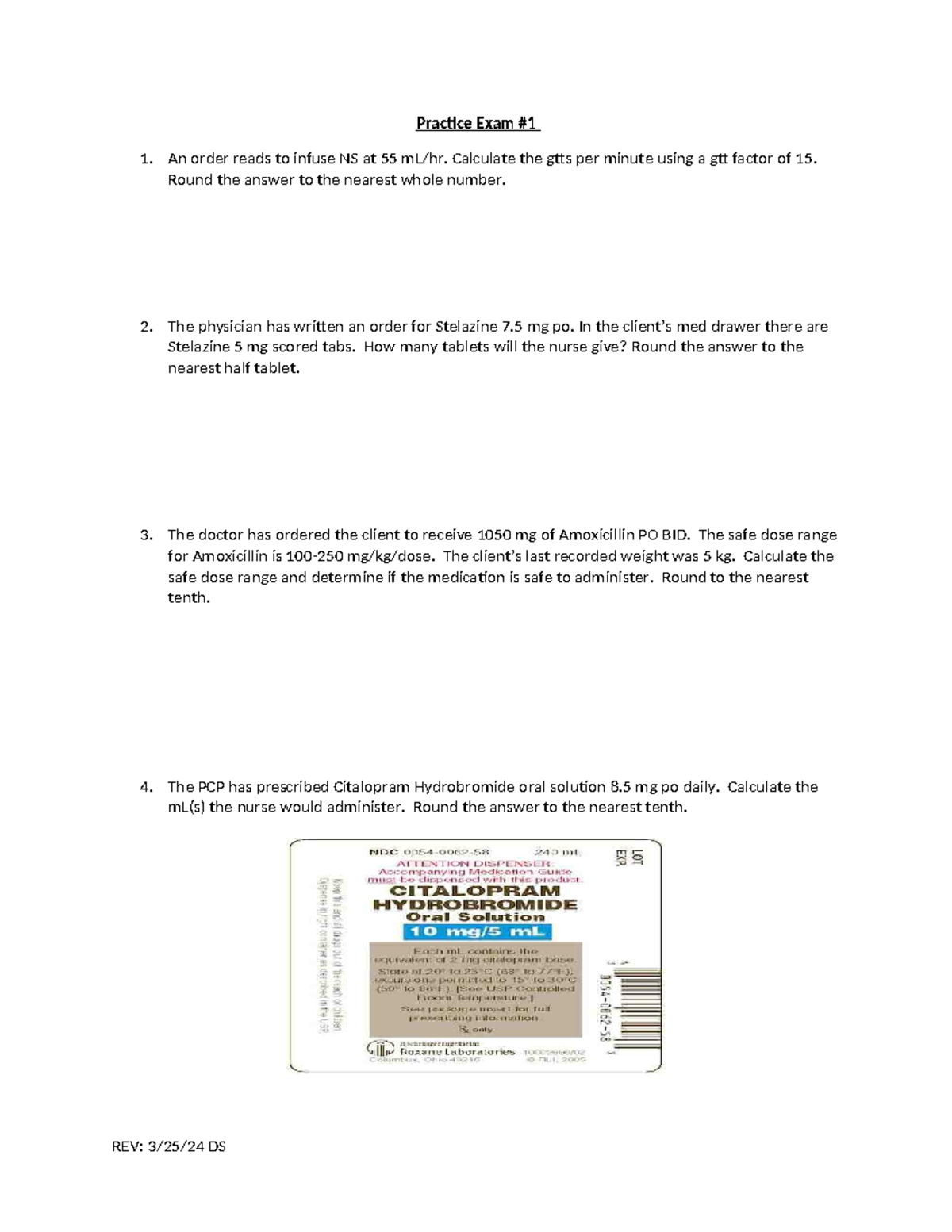 RN Practice Exam 1: Medication Dosage Calculations - Studocu