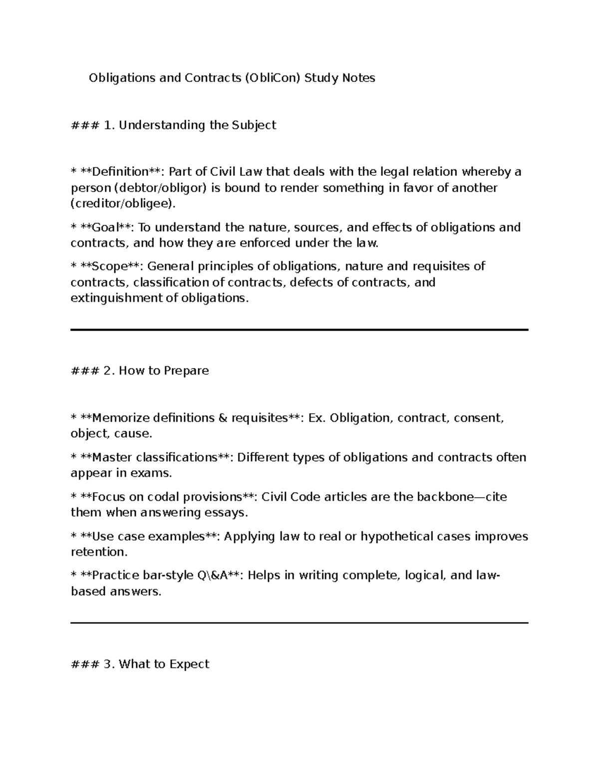 Obligations and Contracts (ObliCon) Study Notes for Exam Prep - Studocu
