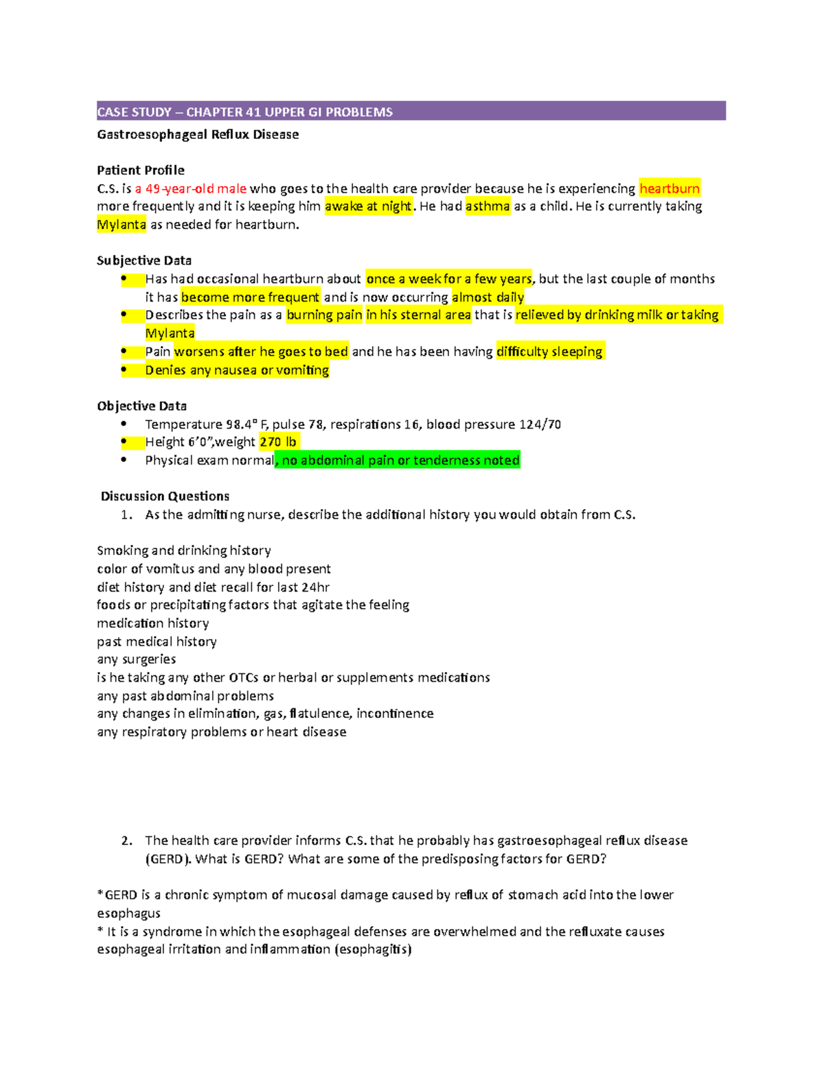 Case Study - Chapter 41: GERD in Adult Male Patient Profile - Studocu