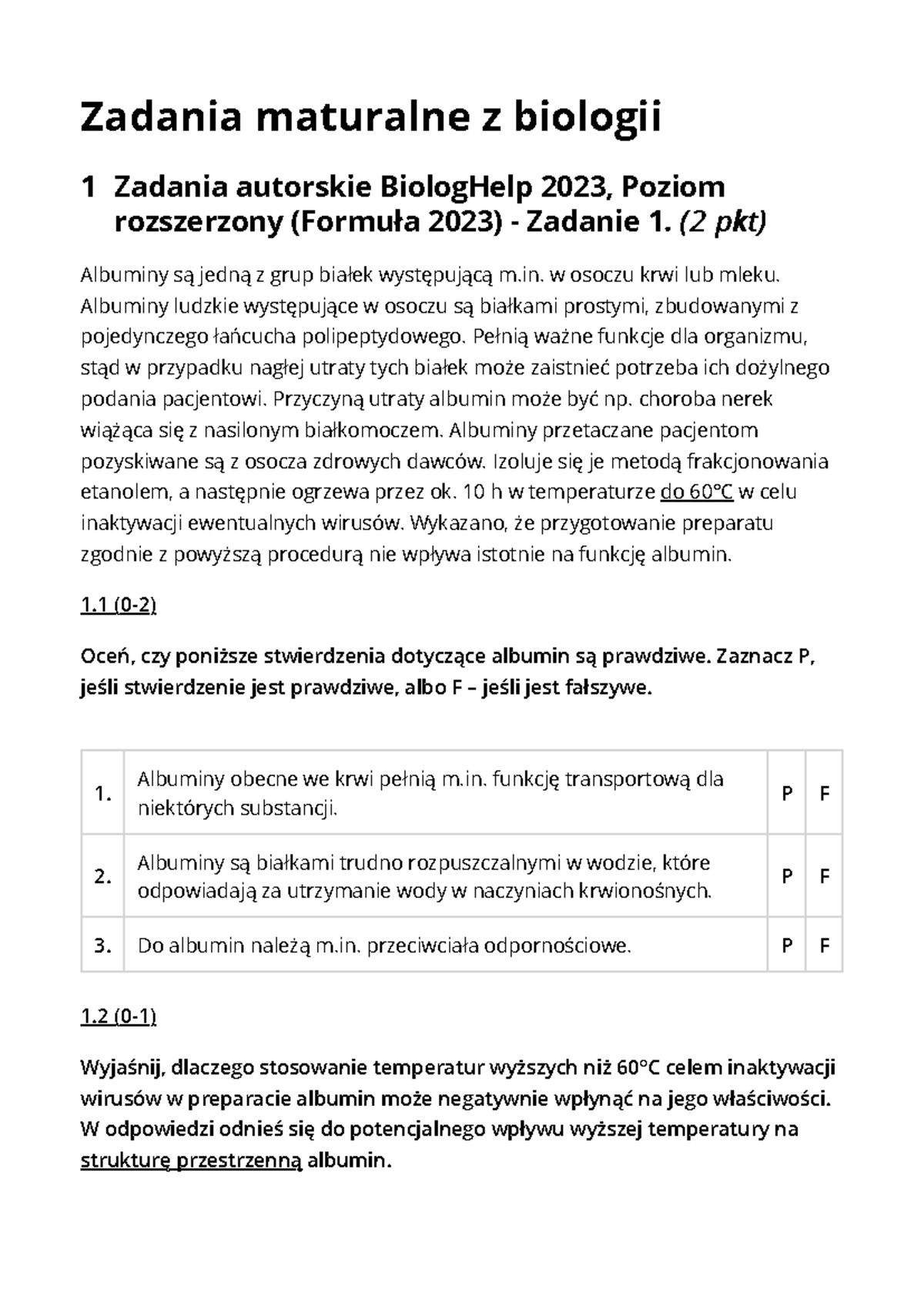 Zadania maturalne z biologii 2023 (Poziom rozszerzony) - Studocu