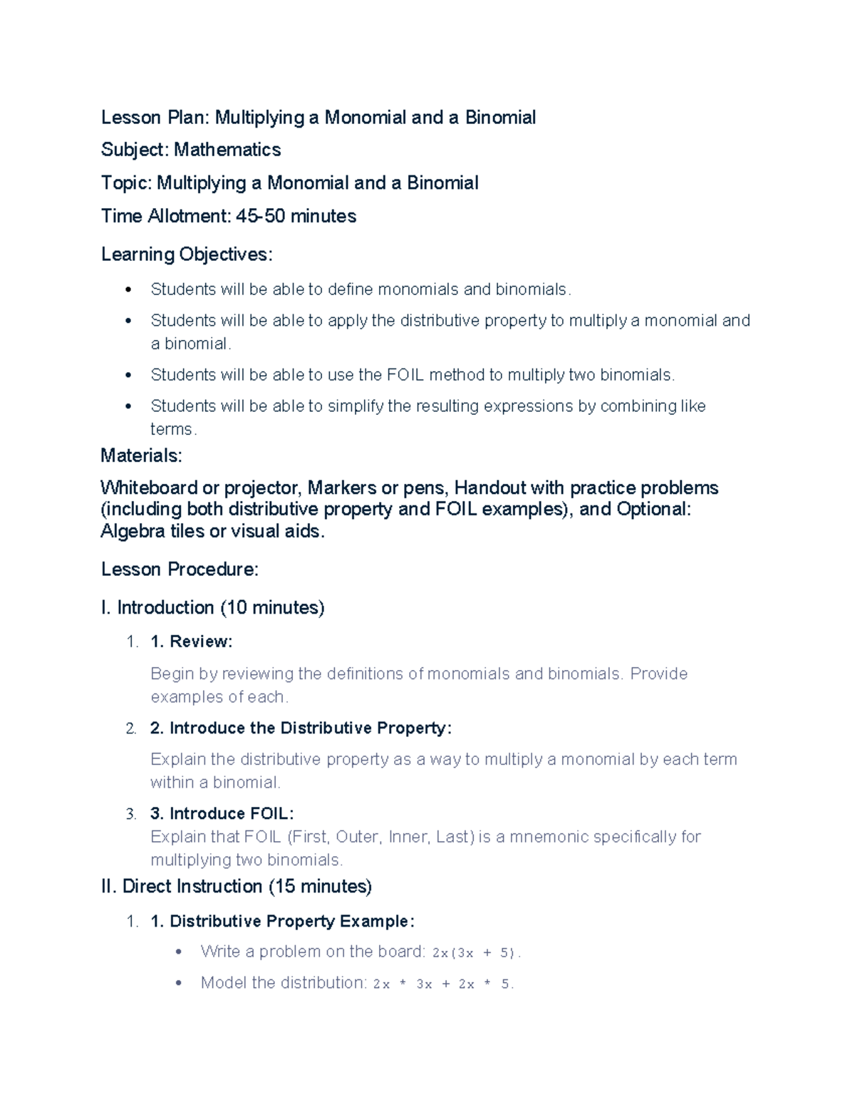 Math 8 Lesson Plan: Multiplying Monomials & Binomials - Studocu