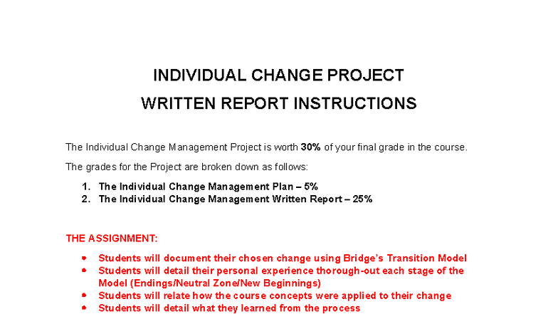 Individual Change Management Project Report Instructions (4419) - Studocu