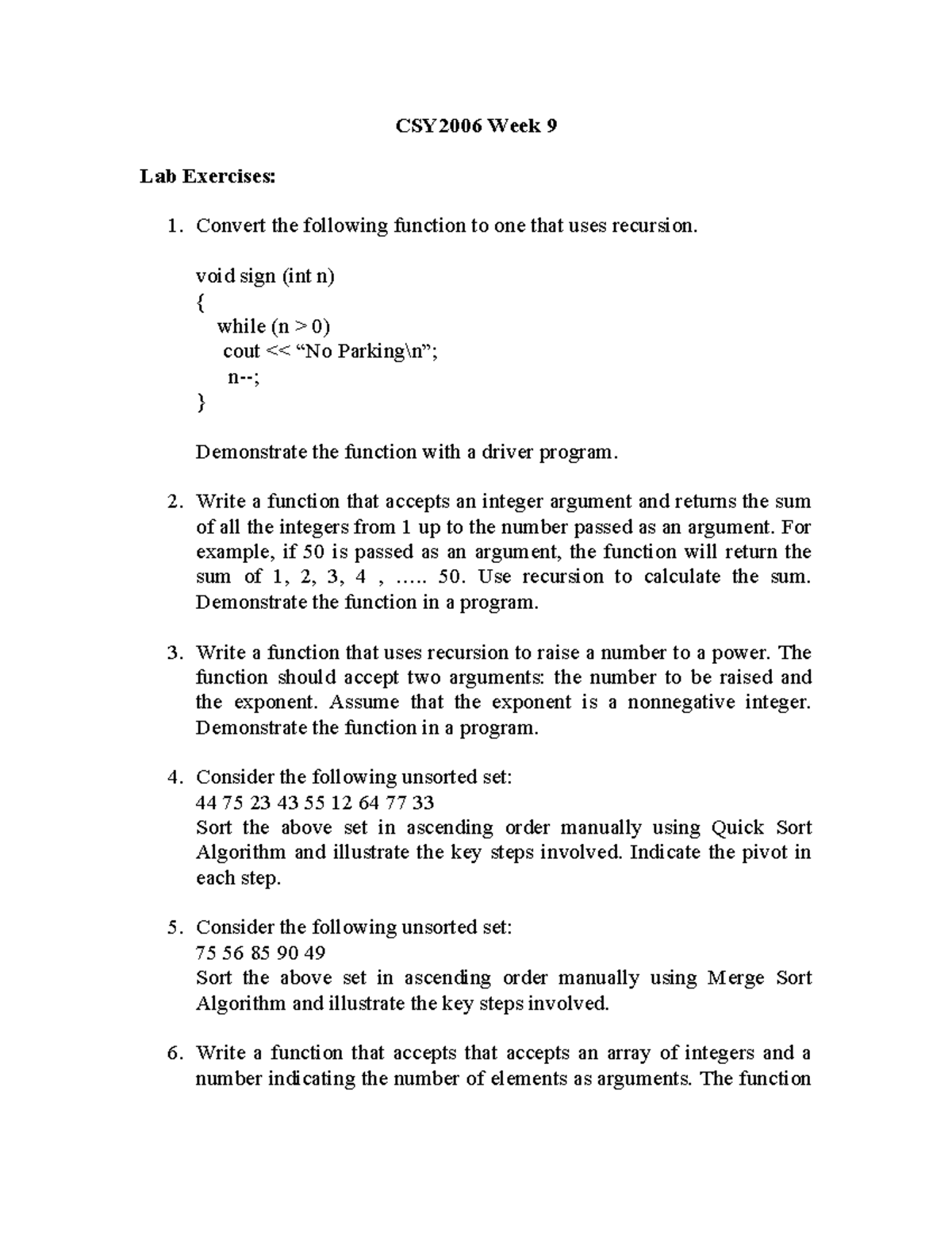 CSY2006 Week 9 Lab: Recursion and Sorting Algorithms Exercises - Studocu