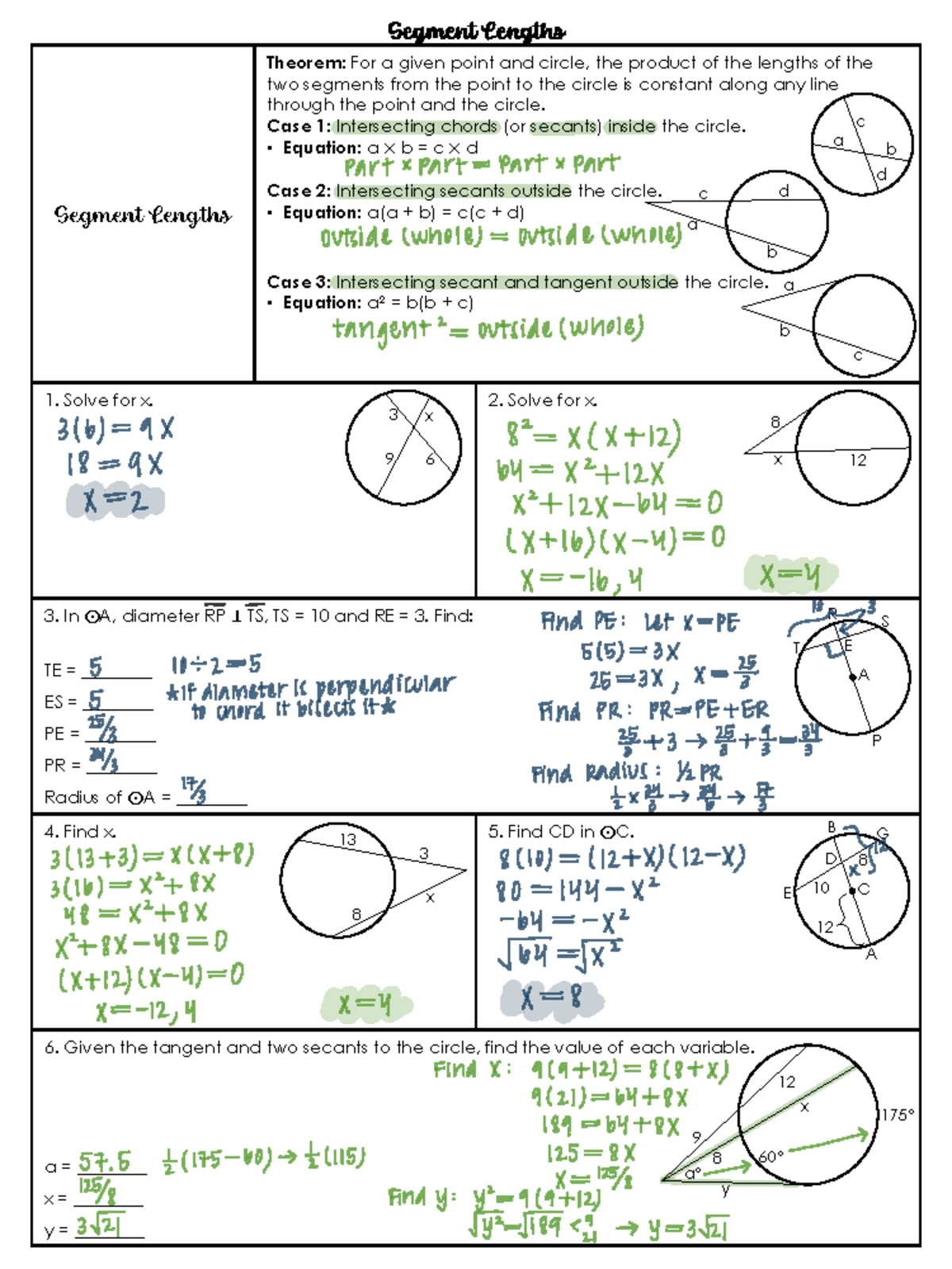 Lesson 11 - Segment Lengths Notes Key - Segment Lengths Theorem: For a ...