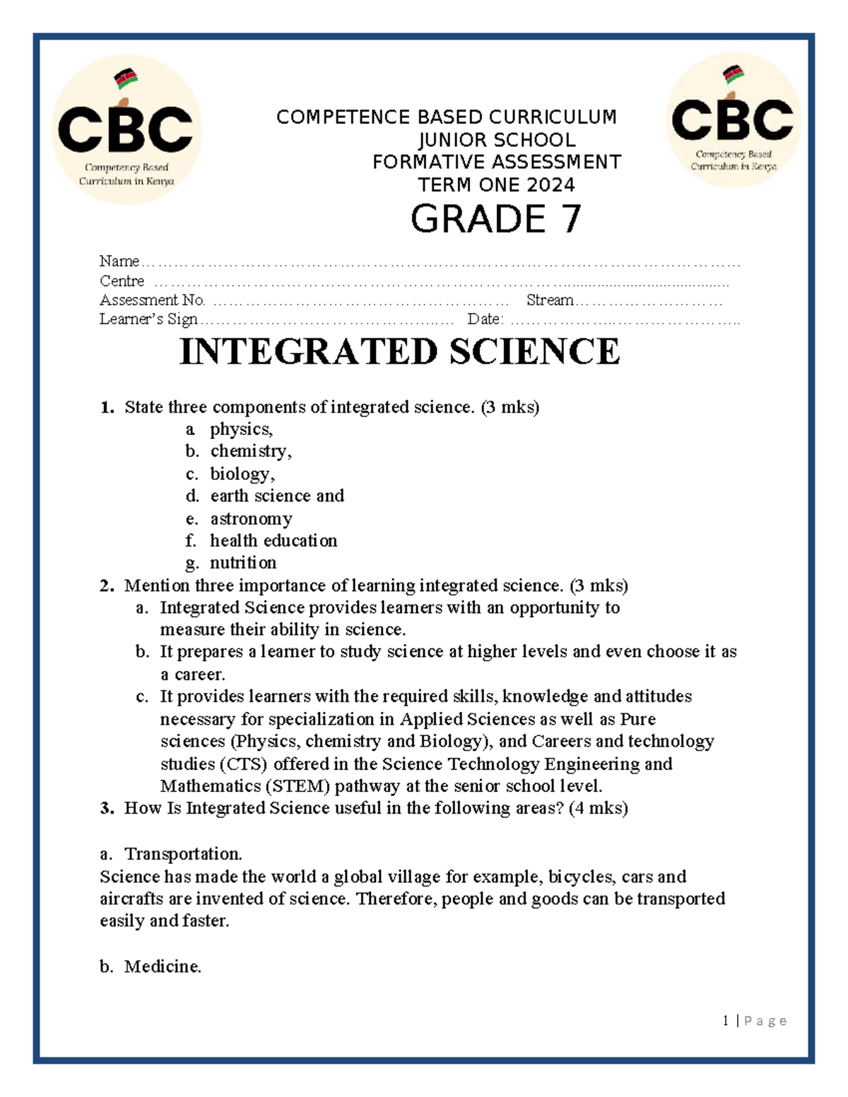 COMP 2024: Grade 7 Integrated Science Formative Assessment Term 1 - Studocu