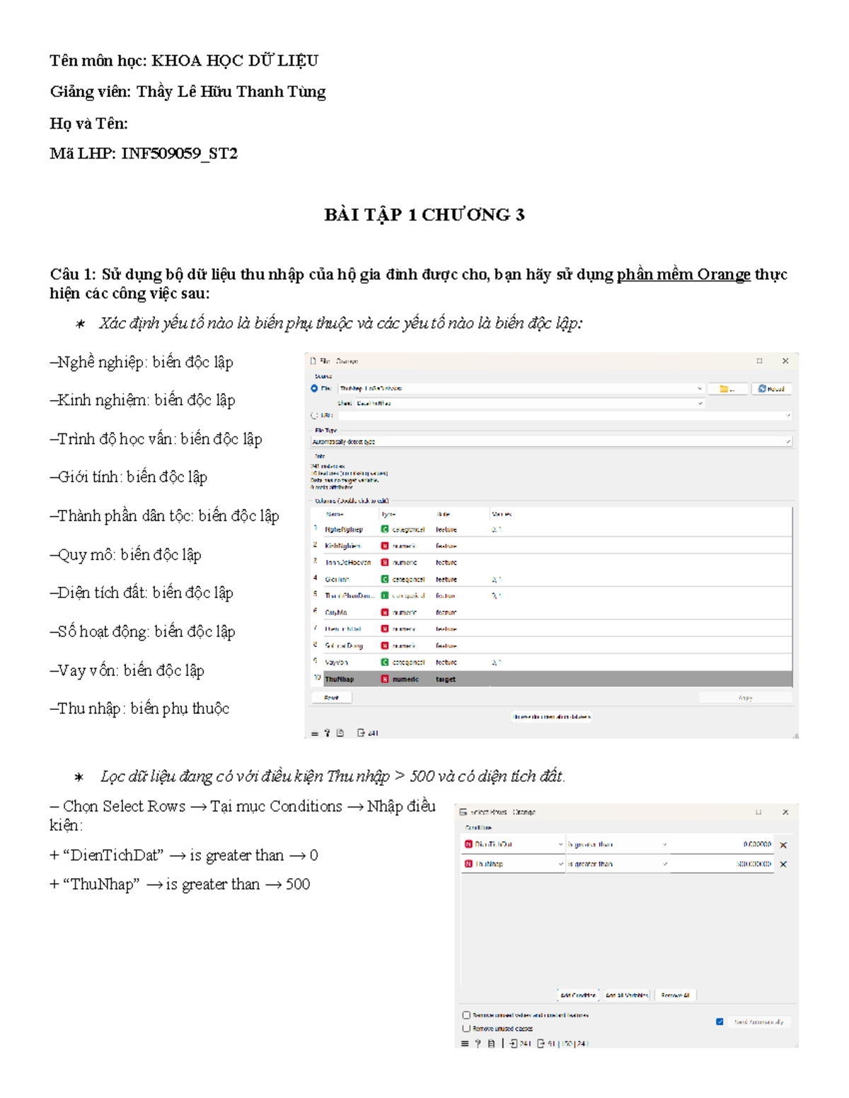 KHDL C3 BT1 - KHDL C3 BT1 - Tên môn học: KHOA HỌC DỮ LIỆU Giảng viên ...
