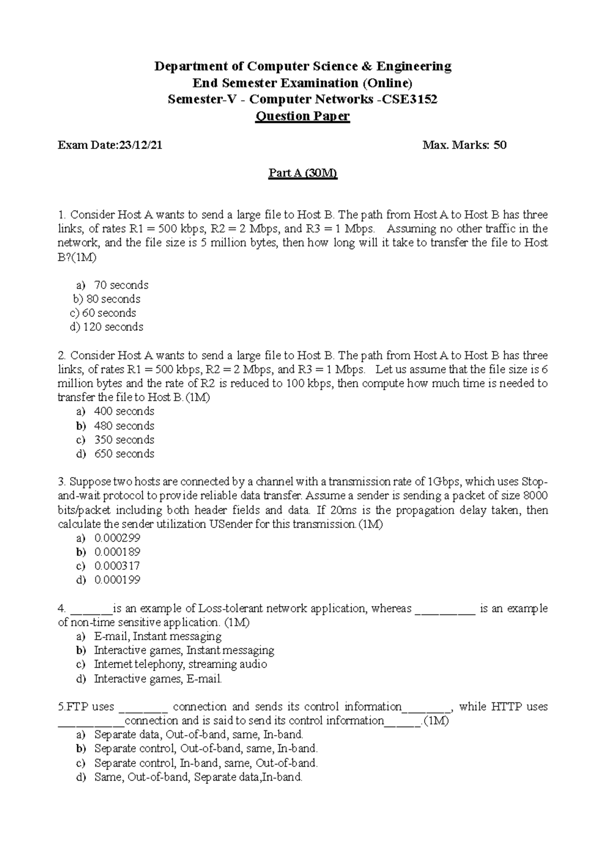Computer Networks End Semester Exam Questions (CSE 3152) - Studocu