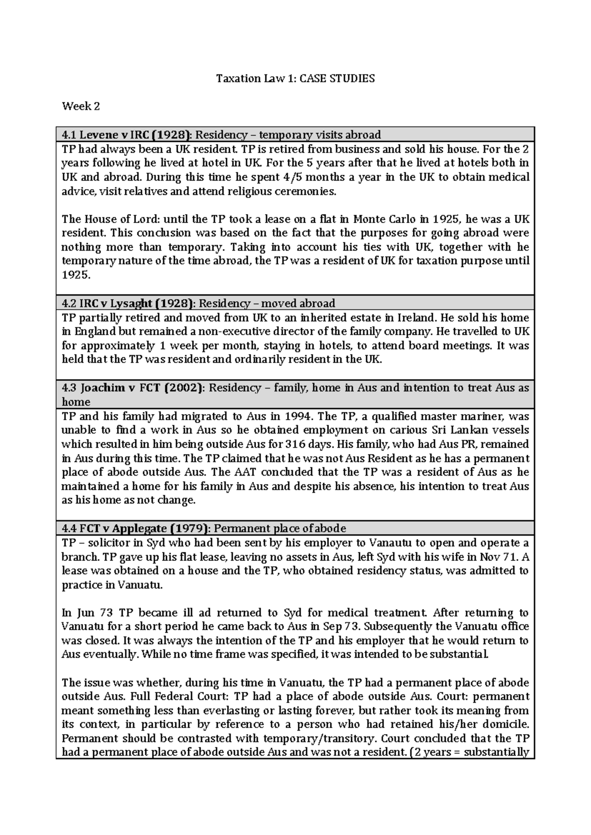 Taxation Law 1: Case Studies on Residency and Abode - Studocu