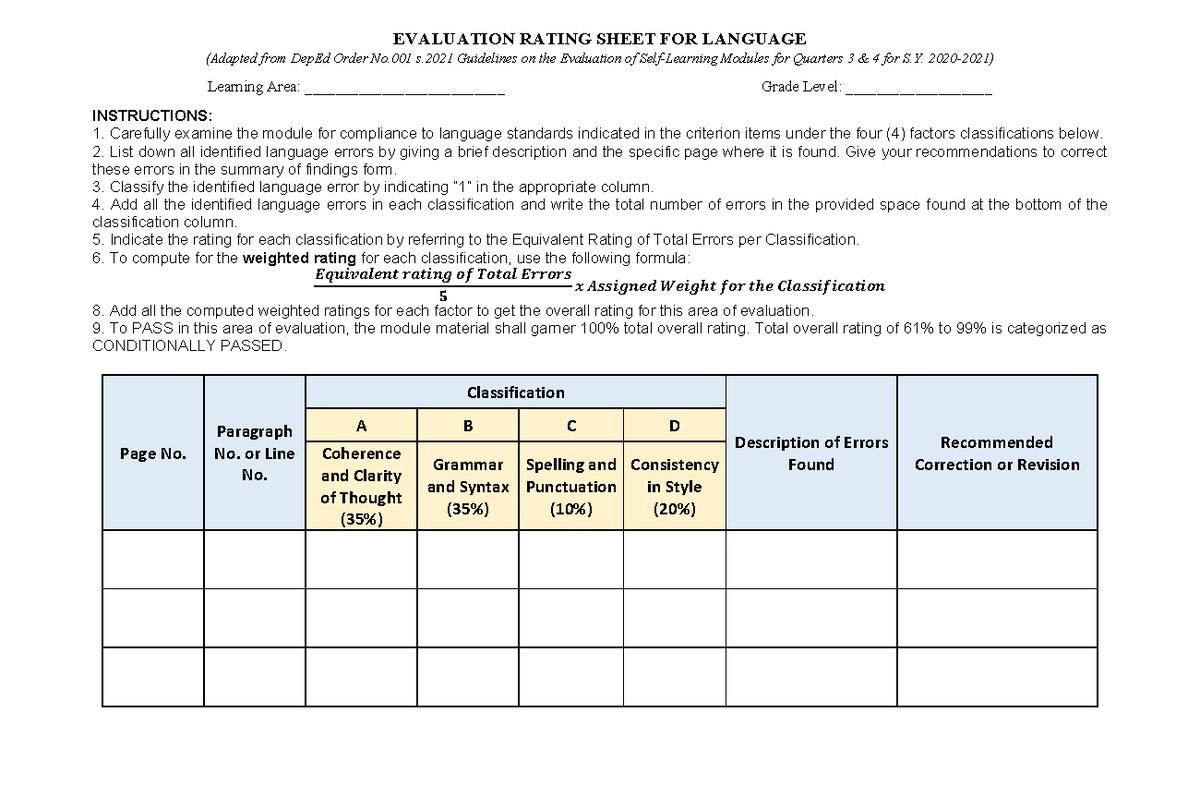 Rubric and Rating Sheet for Language Evaluation (DepEd Order No.001 ...