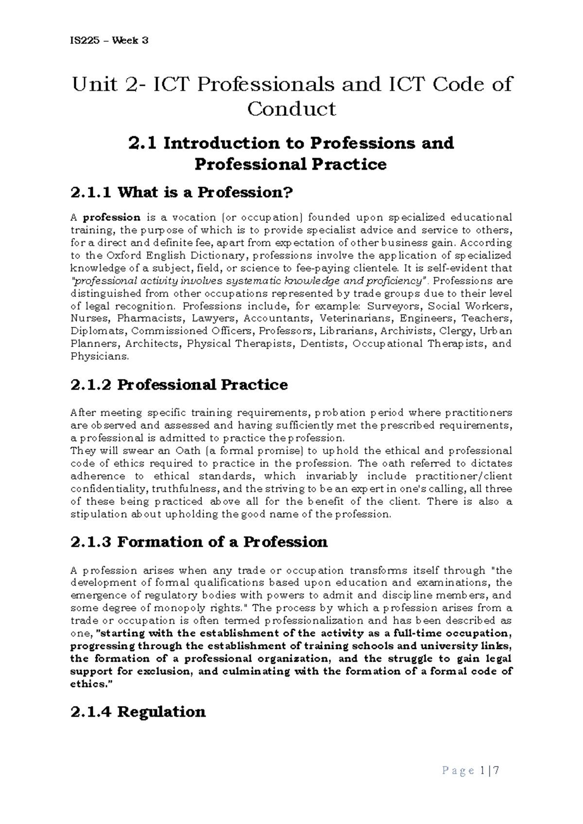 IS225 Week 3: Understanding ICT Professions & Code of Conduct - Studocu