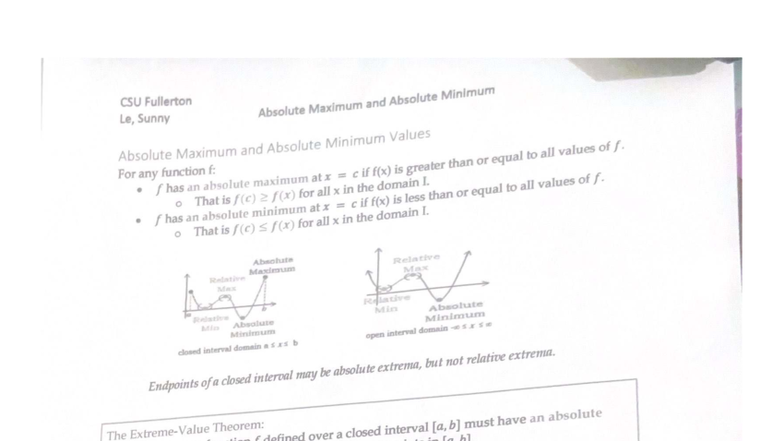 CSU Fullerton MATH 7: Absolute Maximum and Minimum Values Notes - Studocu