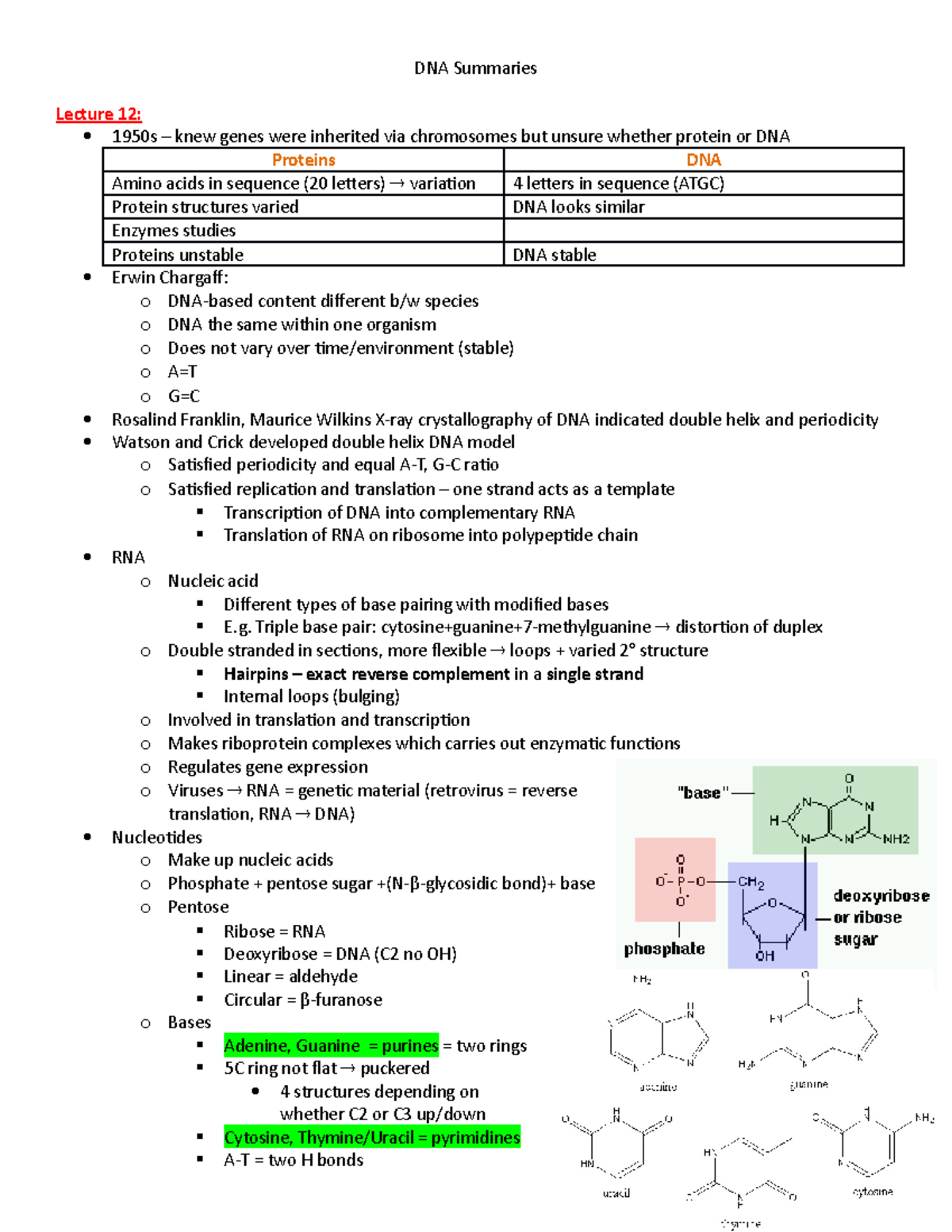 Lecture Notes: DNA (Lectures 12-23) - Concepts of Structure ...