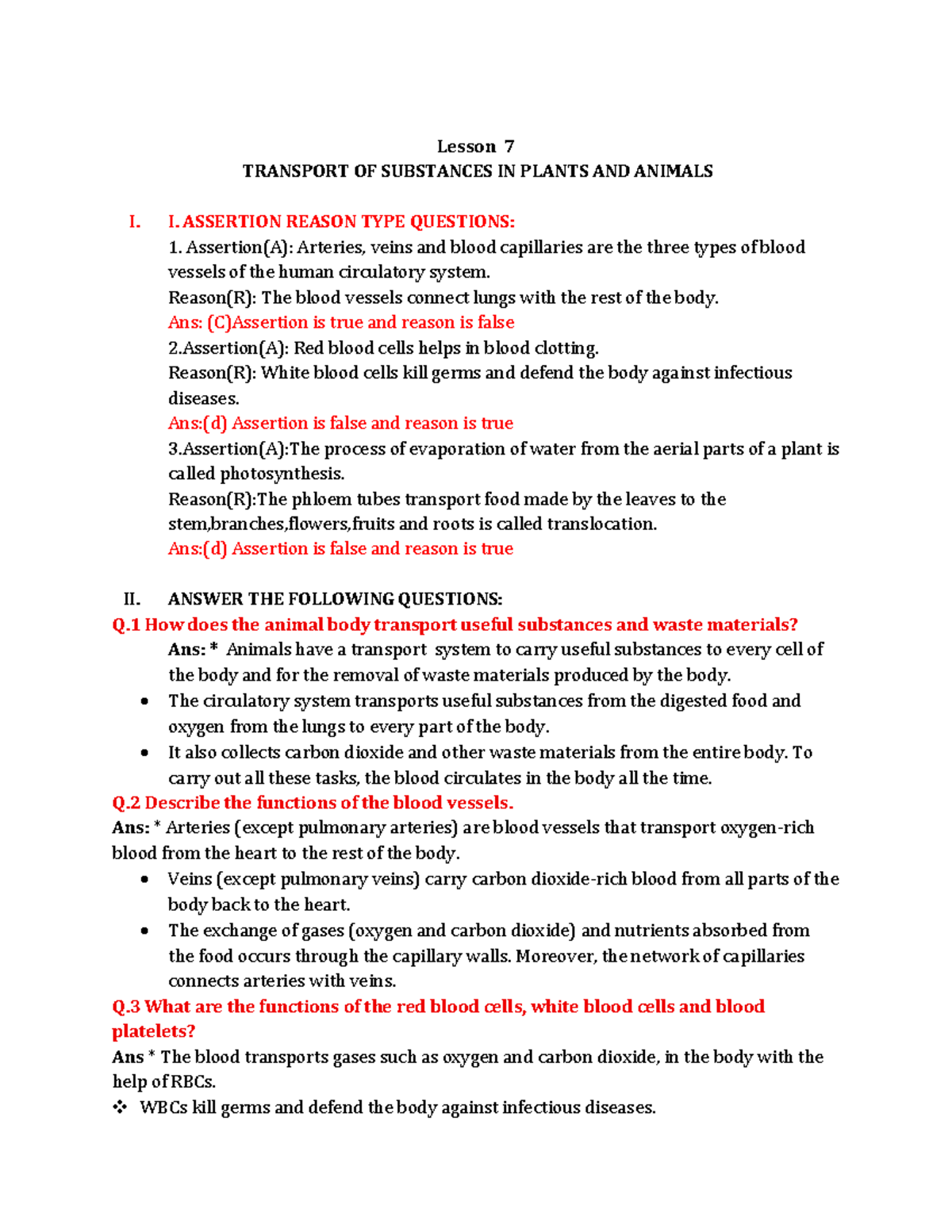 GR 7 LN 7 Transport of Substances in Plants and Animals - Key Notes ...