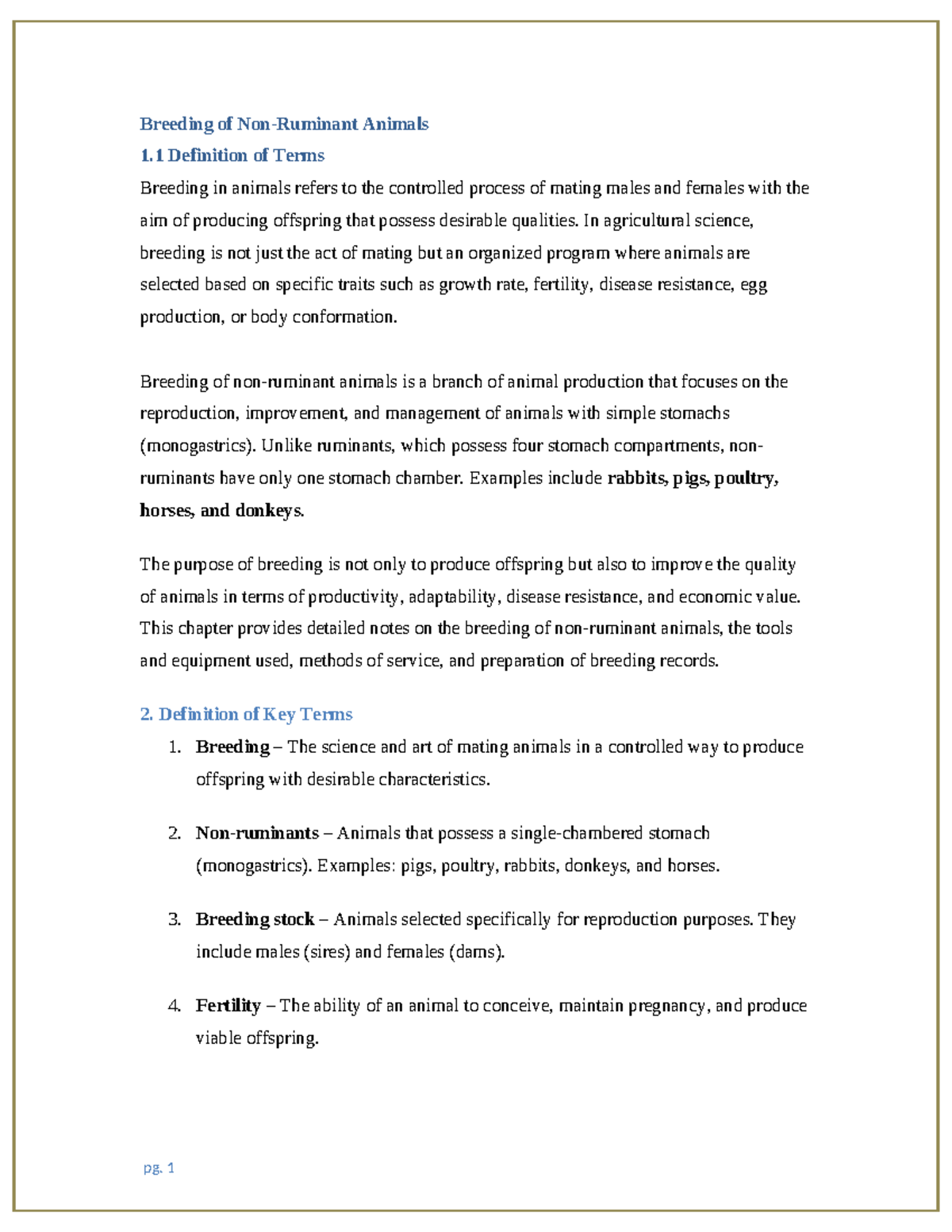 Breeding of Non-Ruminant Animals: Key Concepts and Methods - Studocu