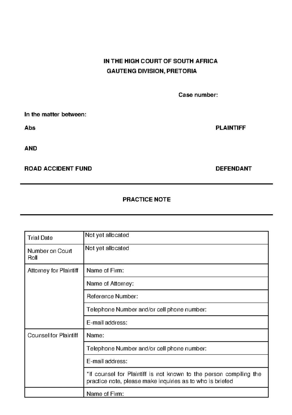 Notice of Set Down - MK vs Road Accident Fund (Civil Matter) - Studocu