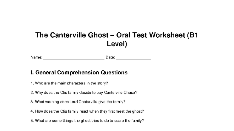 The Canterville Ghost Oral Test Worksheet (B1 Level) - Studocu