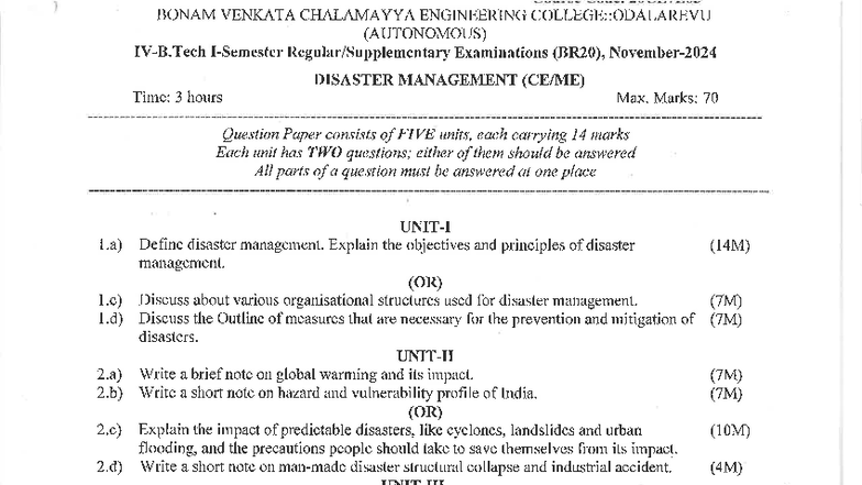 Disaster Management Exam Paper (BR20) - BONAM VENKATA CHALAMAYYA ...