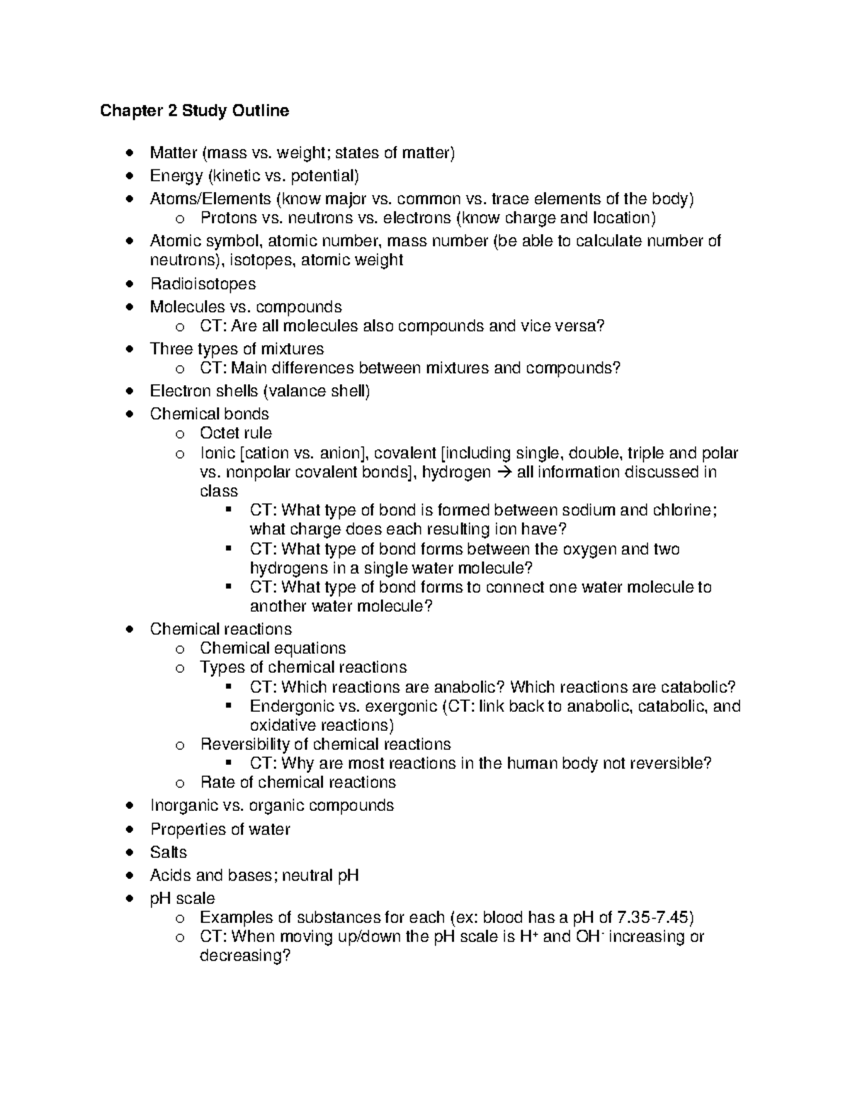 Biology 101: Chapter 2 Study Outline on Matter & Energy Concepts - Studocu