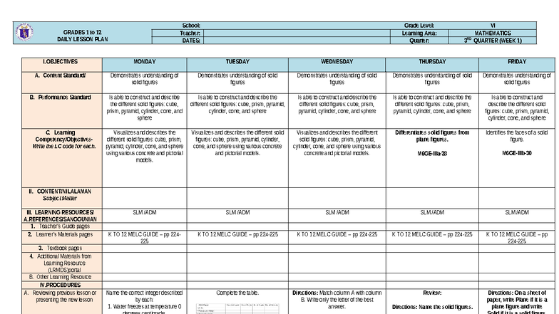 WEEK 1 - DAILY LESSON PLAN - GRADE 6 MATHEMATICS - Studocu