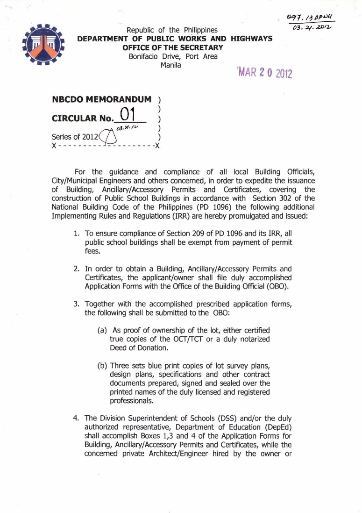 NBCDO MC 01 s2012 - Guidelines for Building Permits in Schools - Studocu
