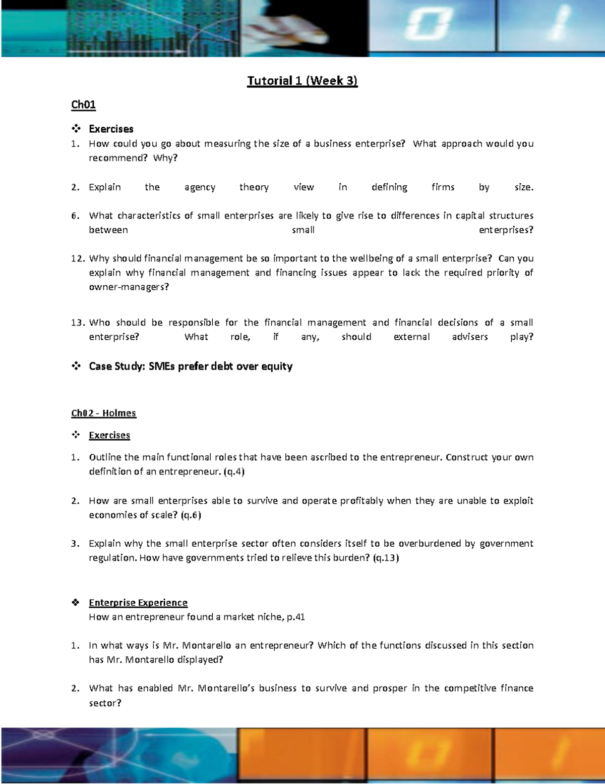 SME Financial Management Tutorial 1: Week 3 Insights & Exercises - Studocu