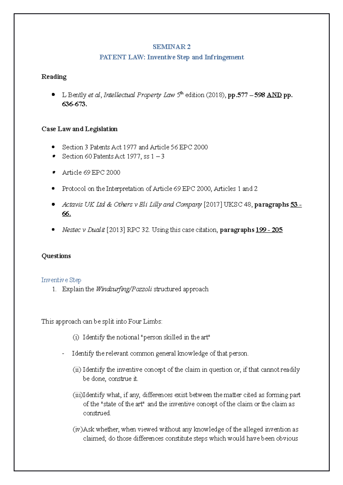 IP Seminar 2 - Patent Law Exam Answers on Inventive Step & Infringement ...