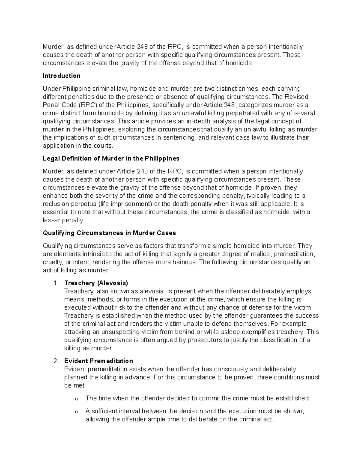 Murder under Article 248 of the RPC: Legal definitions and qualifying ...