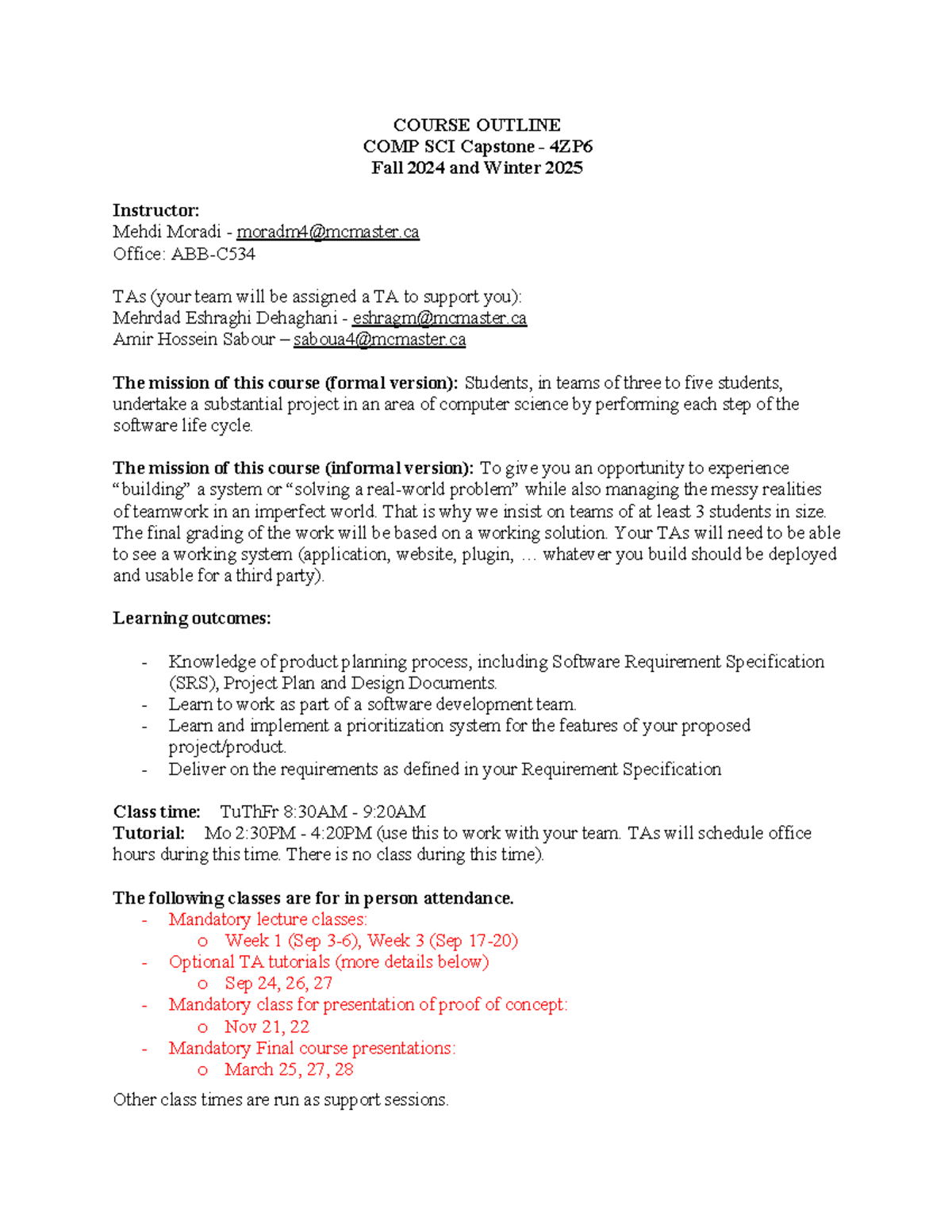 COMP SCI 4ZP Capstone Course Outline - Fall 2024 & Winter 2025 - Studocu