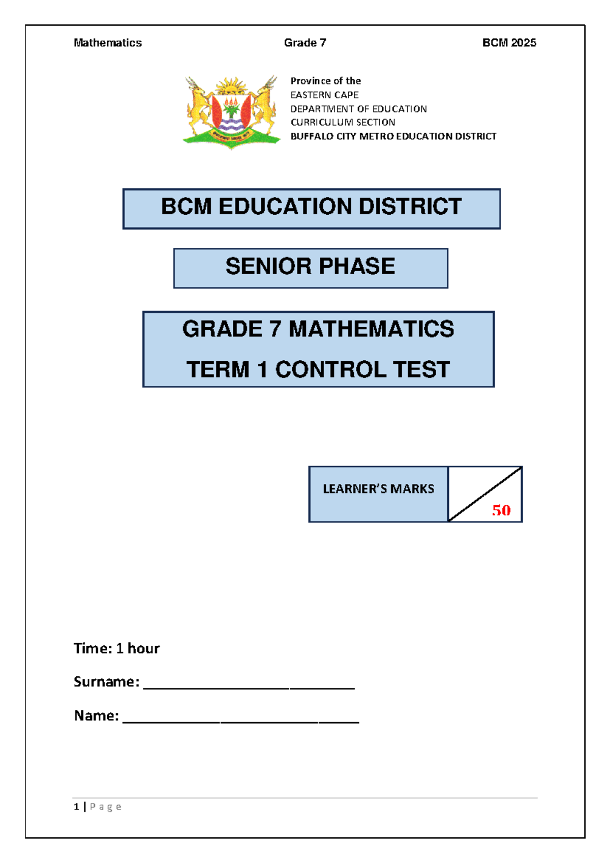 Grade 7 Mathematics Term 1 Control Test BCM 2025 - Studocu