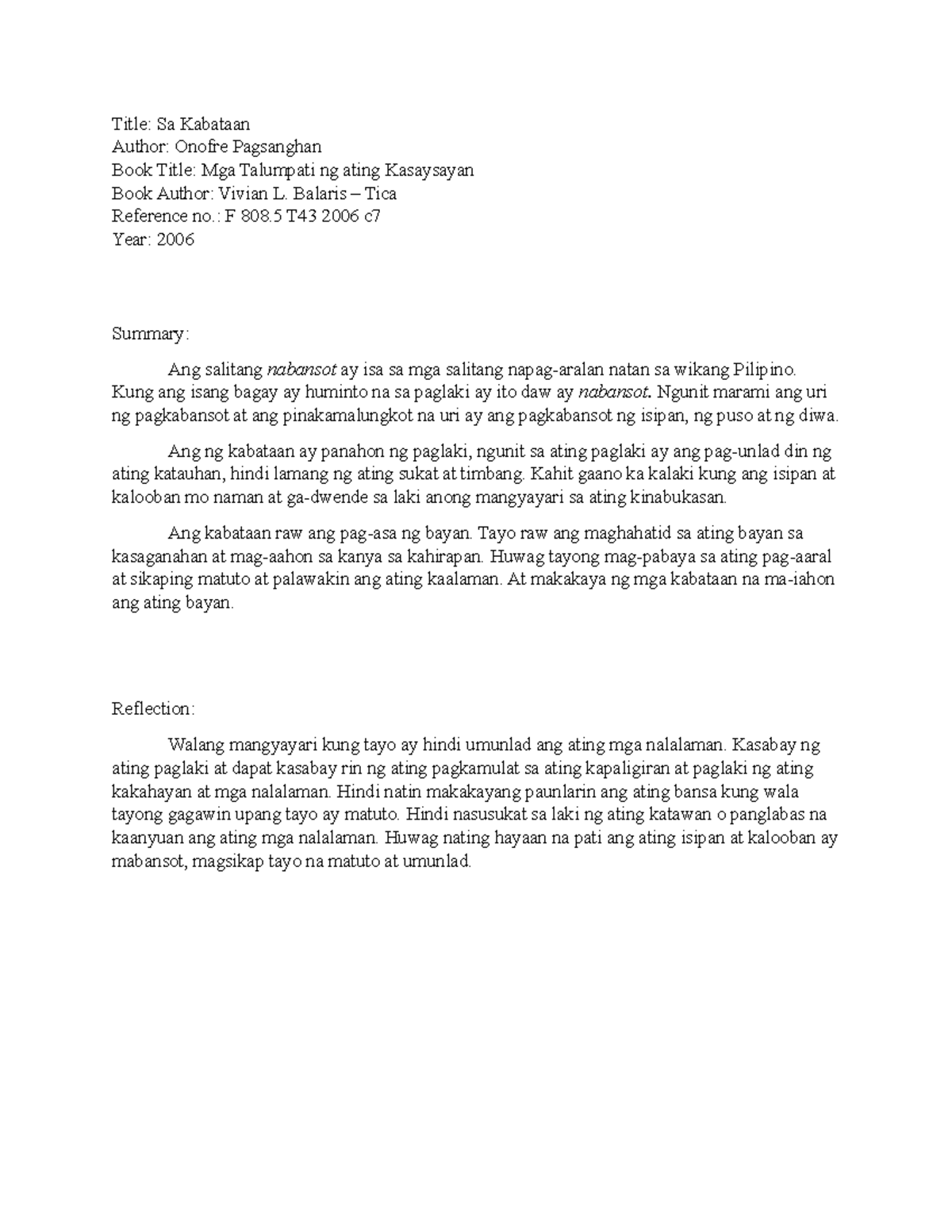 Reflection Paper 1 - Sa Kabataan: Pag-unlad ng Isipan at Kalooban - Studocu