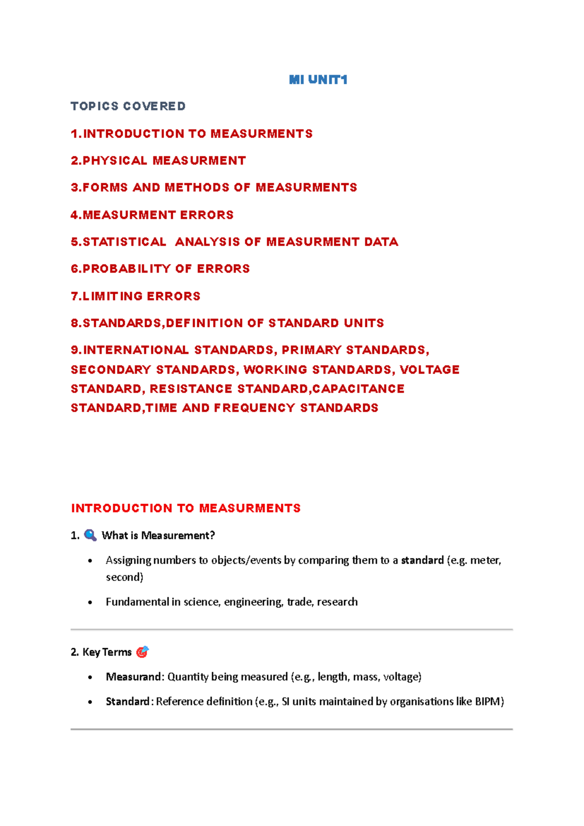 MI UNIT1: Introduction to Measurements and Error Analysis Notes - Studocu