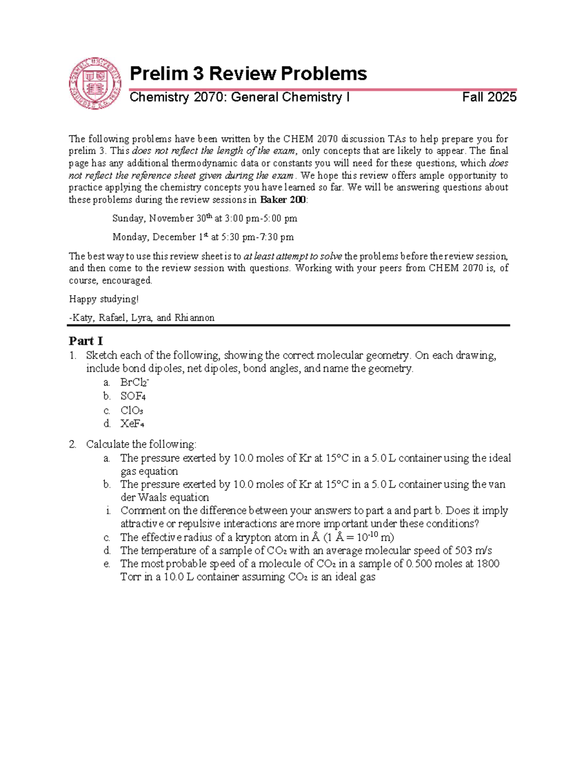 TA Review for Prelim 3 in CHEM 2070: General Chemistry I - Studocu