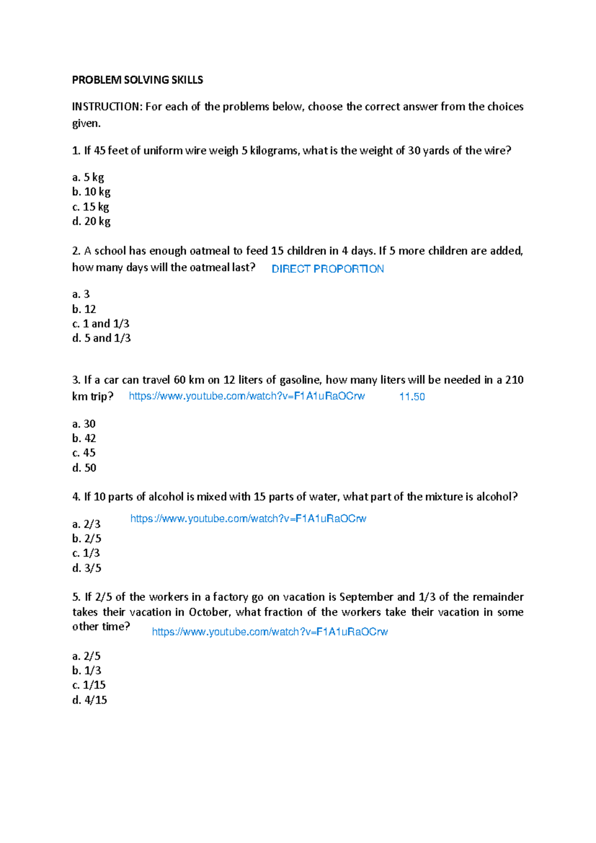 Problem Solving Skills Practice Questions for Math 101 - Studocu