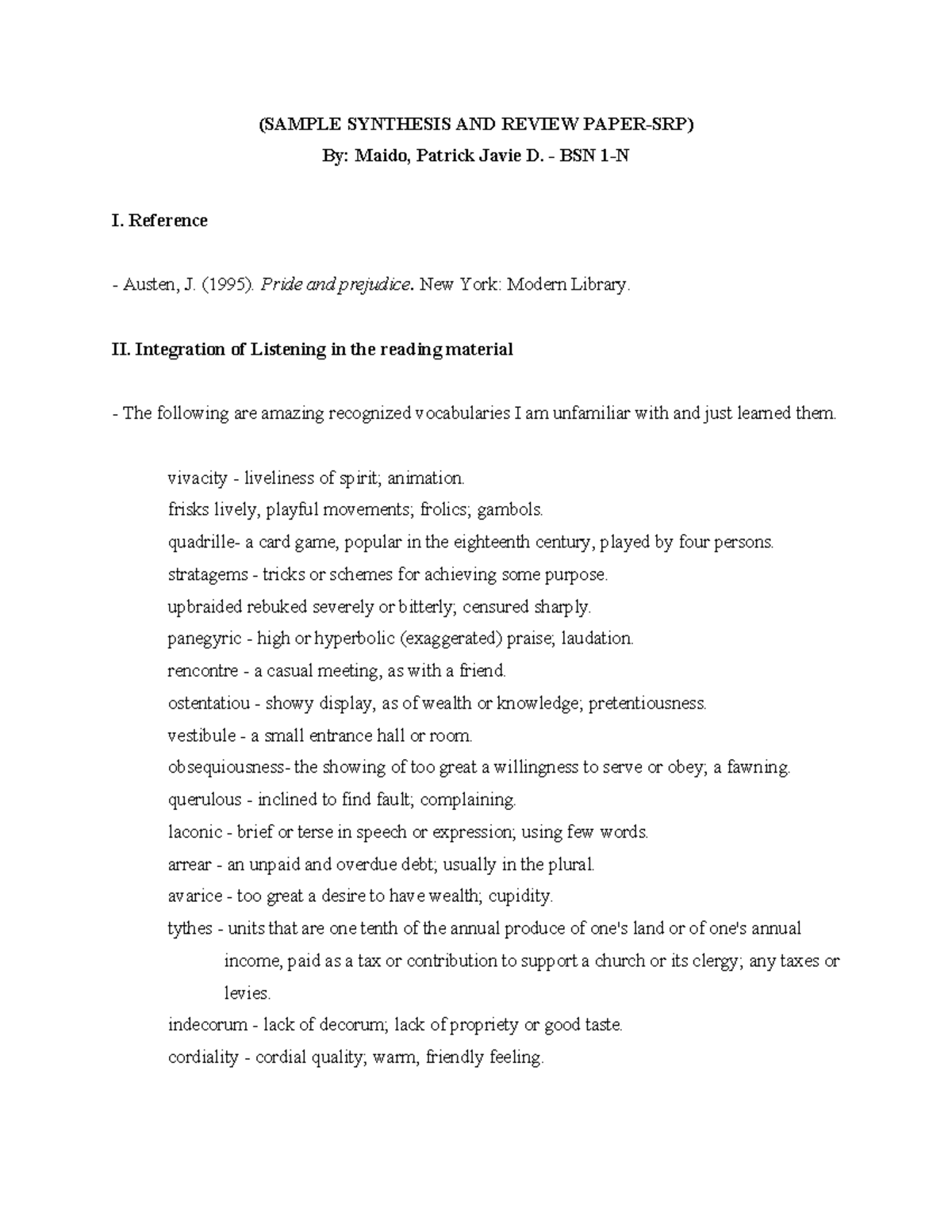 SRP - Sentence Patterns - (SAMPLE SYNTHESIS AND REVIEW PAPER-SRP) By ...