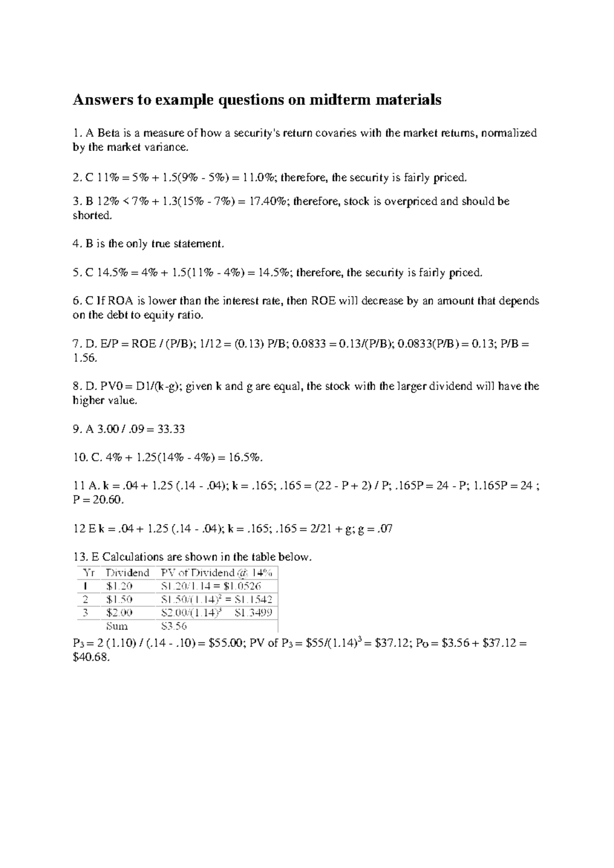 Midterm Exam Answers: Example Questions for Finance Course - Studeersnel