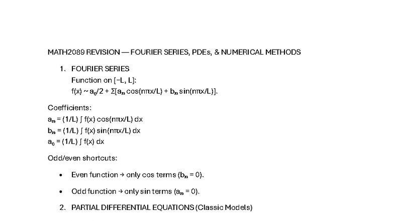 MATH2089 Revision: Fourier Series, PDEs & Numerical Methods - Studocu