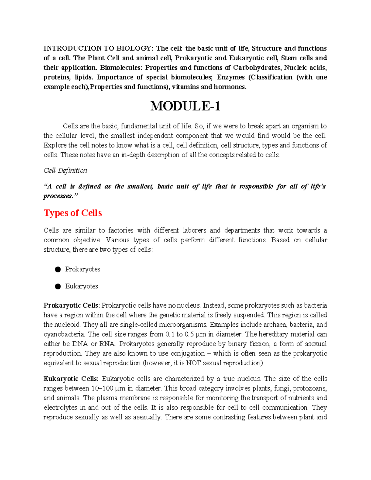 Module-1 Biology Notes: Cells, Biomolecules, and Their Functions - Studocu