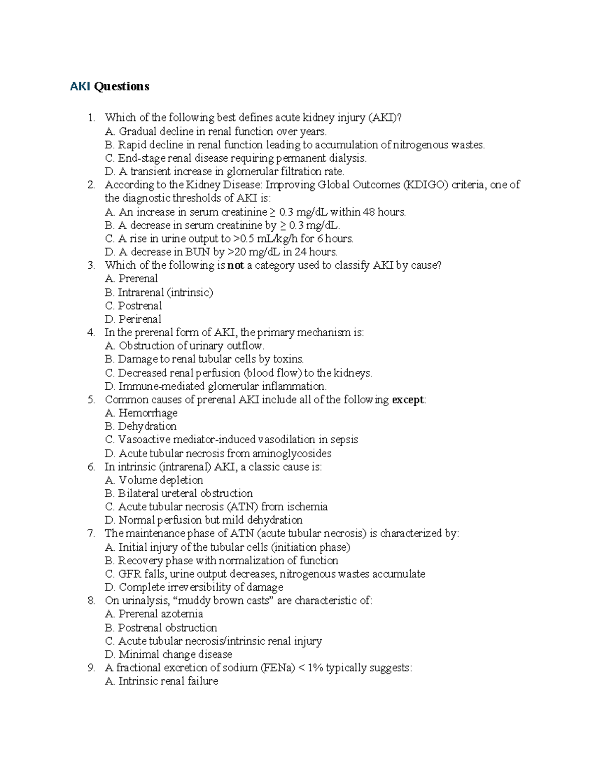 50 MC Questions on AKI: Understanding Acute Kidney Injury - Studocu