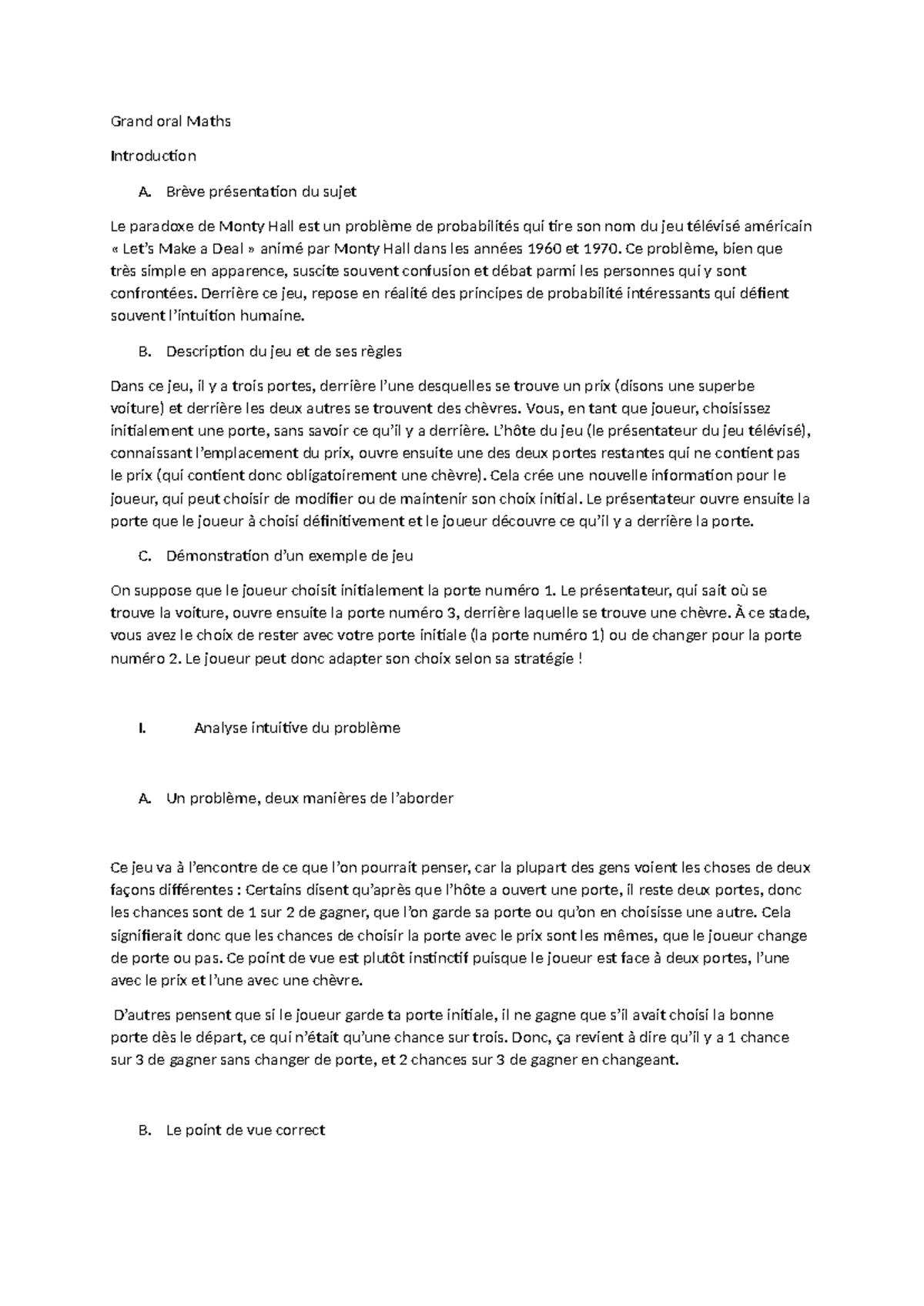 Grand Oral de Maths: Comprendre le Paradoxe de Monty Hall - Studocu