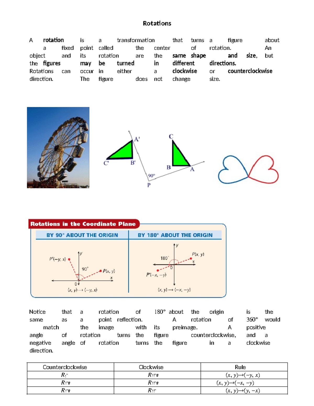 Rotations Worksheet Notes - Rotations A rotation is a transformation ...