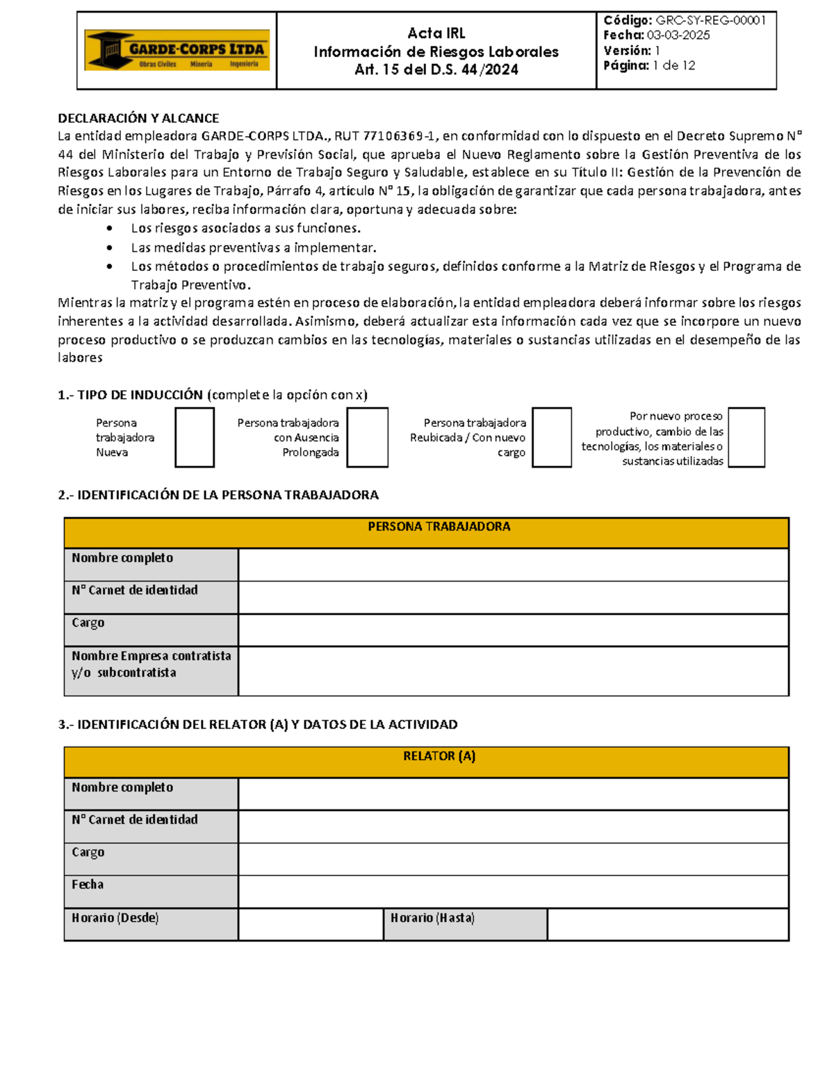 Acta IRL - Informe de Riesgos Laborales según Decreto DS 44 - Studocu