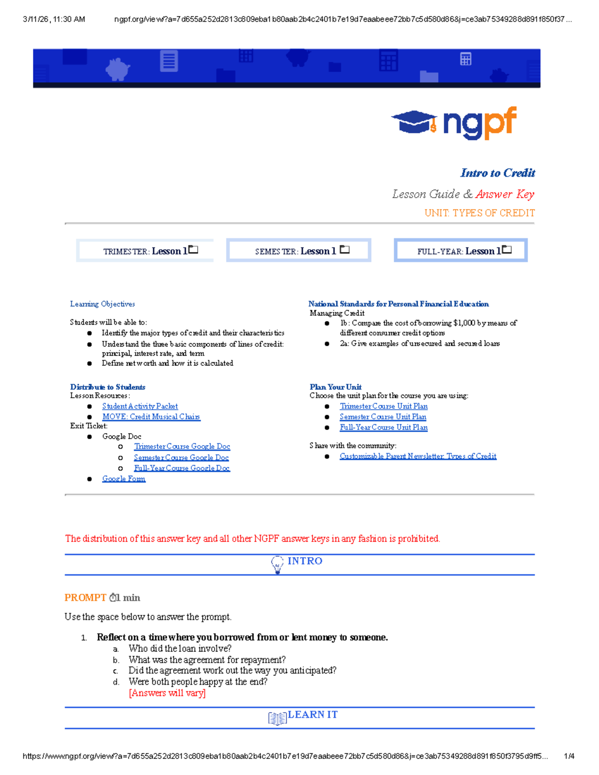 11:30 AM Intro to Credit Lesson 1 Answer Key - Types of Credit - Studocu